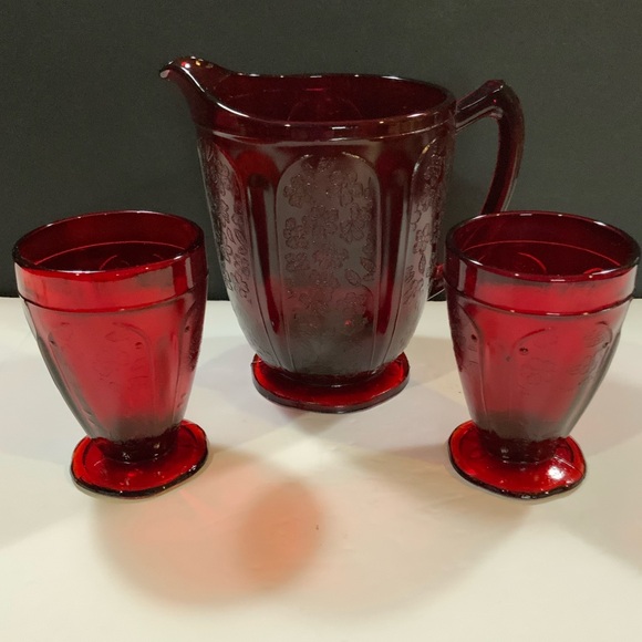 Dining | Cherry Blossom Ruby Red Pitcher 2 Tumblers 7s Vintage Glass ...